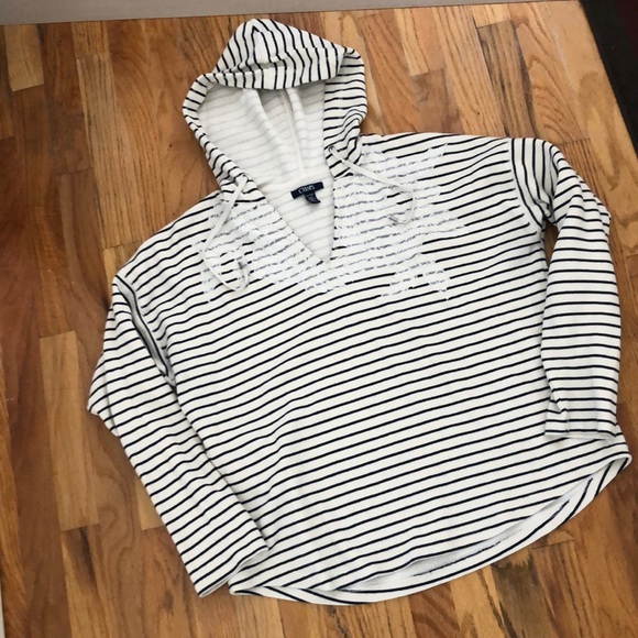 Chaps | Tops | Chaps Blue And Cream Lace Hoodie | Poshmark